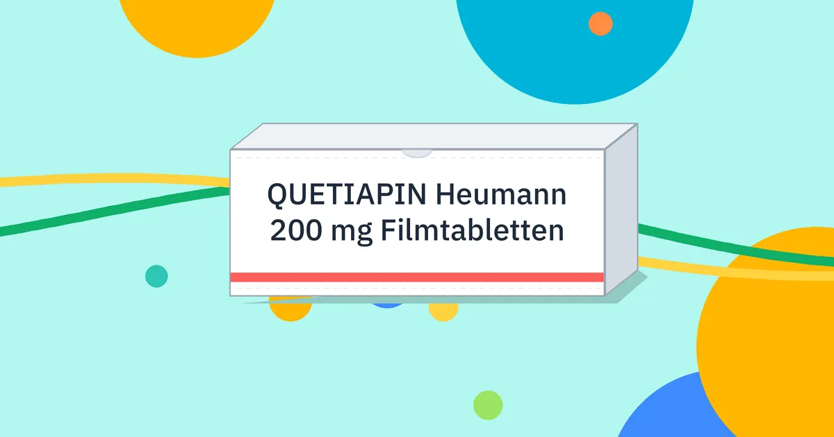Symbolbild: Packung mit der Aufschrift QUETIAPIN Heumann 200 mg Filmtabletten (PZN 16785210) – Verfügbarkeit und Bezug in Apotheken in Frankfurt am Main