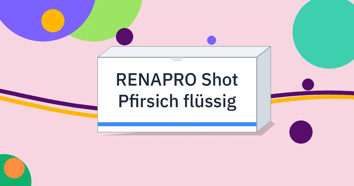 Symbolbild: Packung mit der Aufschrift RENAPRO Shot Pfirsich flüssig (PZN 13569606) – Verfügbarkeit und Bezug in Apotheken in Frankfurt am Main