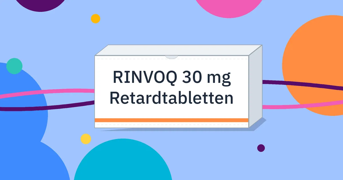Symbolbild: Packung mit der Aufschrift RINVOQ 30 mg Retardtabletten (PZN 20222524) – Verfügbarkeit und Bezug in Apotheken in Frankfurt am Main