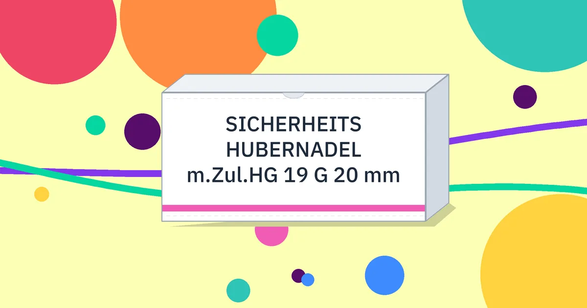 Symbolbild: Packung mit der Aufschrift SICHERHEITS HUBERNADEL m.Zul.HG 19 G 20 mm (PZN 14321854) – Verfügbarkeit und Bezug in Apotheken in Frankfurt am Main