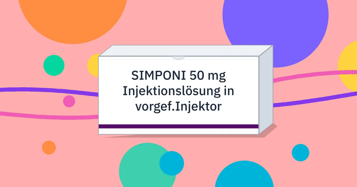 Symbolbild: Packung mit der Aufschrift SIMPONI 50 mg Injektionslösung in vorgef.Injektor (PZN 06926649) – Verfügbarkeit und Bezug in Apotheken in Frankfurt am Main