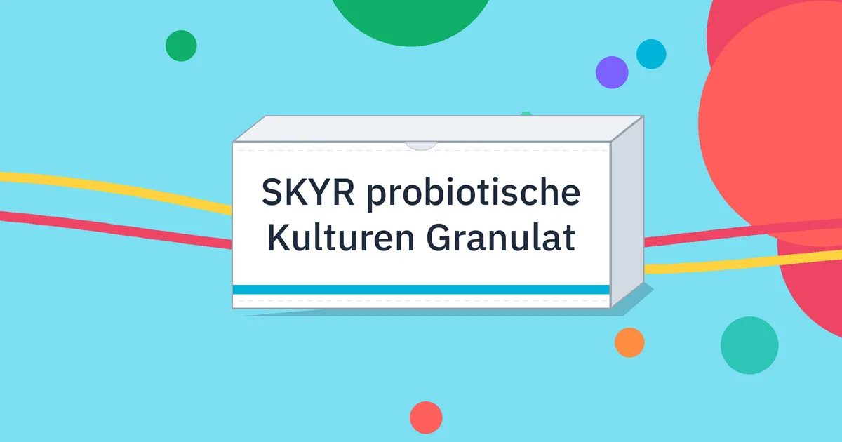 Symbolbild: Packung mit der Aufschrift SKYR probiotische Kulturen Granulat (PZN 15656634) – Verfügbarkeit und Bezug in Apotheken in Frankfurt am Main