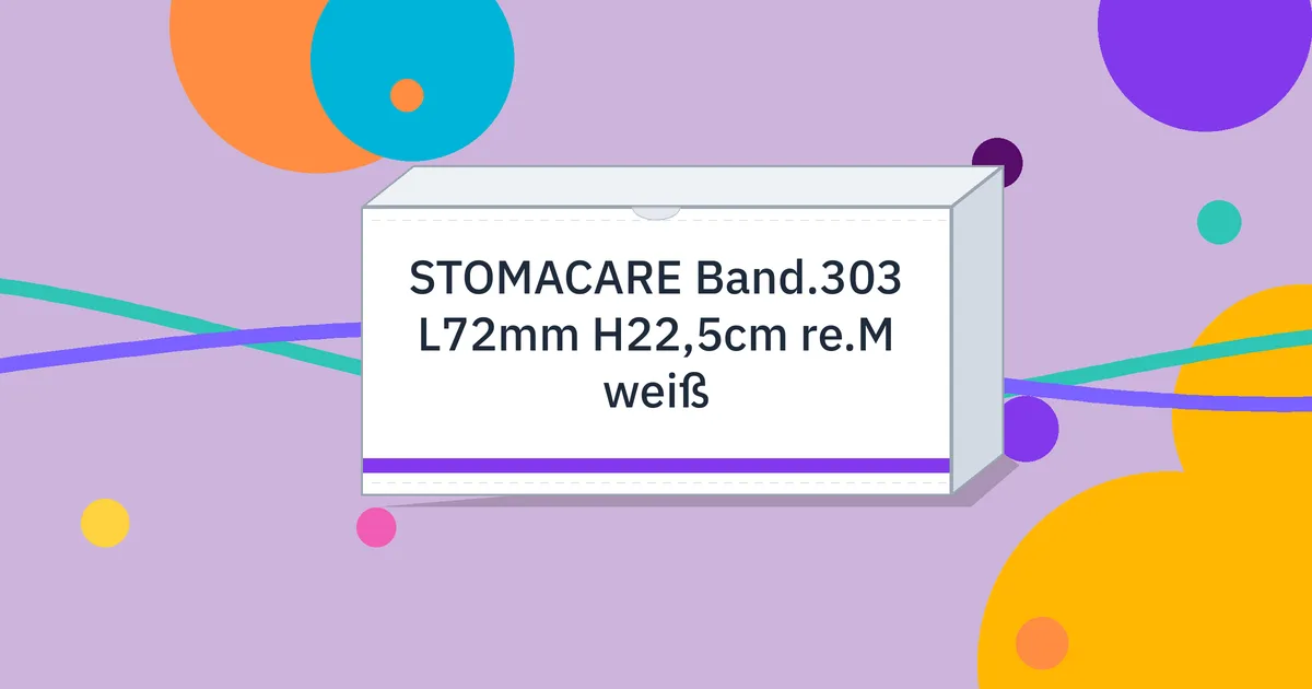 Symbolbild: Packung mit der Aufschrift STOMACARE Band.303 L72mm H22,5cm re.M weiß (PZN 03414854) – Verfügbarkeit und Bezug in Apotheken in Frankfurt am Main