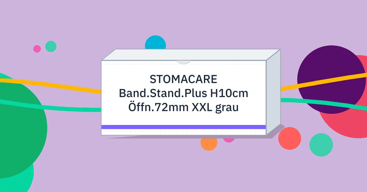 Symbolbild: Packung mit der Aufschrift STOMACARE Band.Stand.Plus H10cm Öffn.72mm XXL grau (PZN 16750246) – Verfügbarkeit und Bezug in Apotheken in Frankfurt am Main