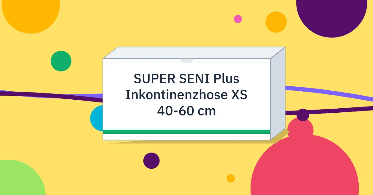 Symbolbild: Packung mit der Aufschrift SUPER SENI Plus Inkontinenzhose XS 40-60 cm (PZN 15254410) – Verfügbarkeit und Bezug in Apotheken in Frankfurt am Main
