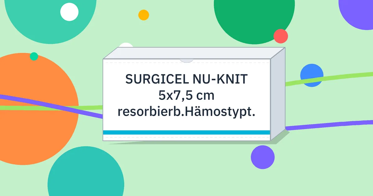 Symbolbild: Packung mit der Aufschrift SURGICEL NU-KNIT 5x7,5 cm resorbierb.Hämostypt. (PZN 18799009) – Verfügbarkeit und Bezug in Apotheken in Frankfurt am Main