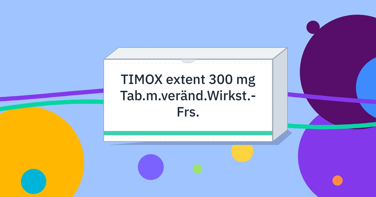 Symbolbild: Packung mit der Aufschrift TIMOX extent 300 mg Tab.m.veränd.Wirkst.-Frs. (PZN 11267769) – Verfügbarkeit und Bezug in Apotheken in Frankfurt am Main