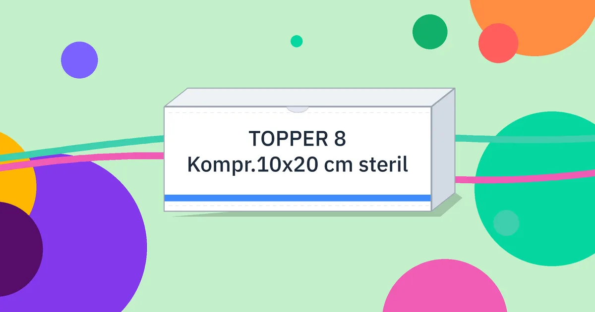 Symbolbild: Packung mit der Aufschrift TOPPER 8 Kompr.10x20 cm steril (PZN 05509518) – Verfügbarkeit und Bezug in Apotheken in Frankfurt am Main