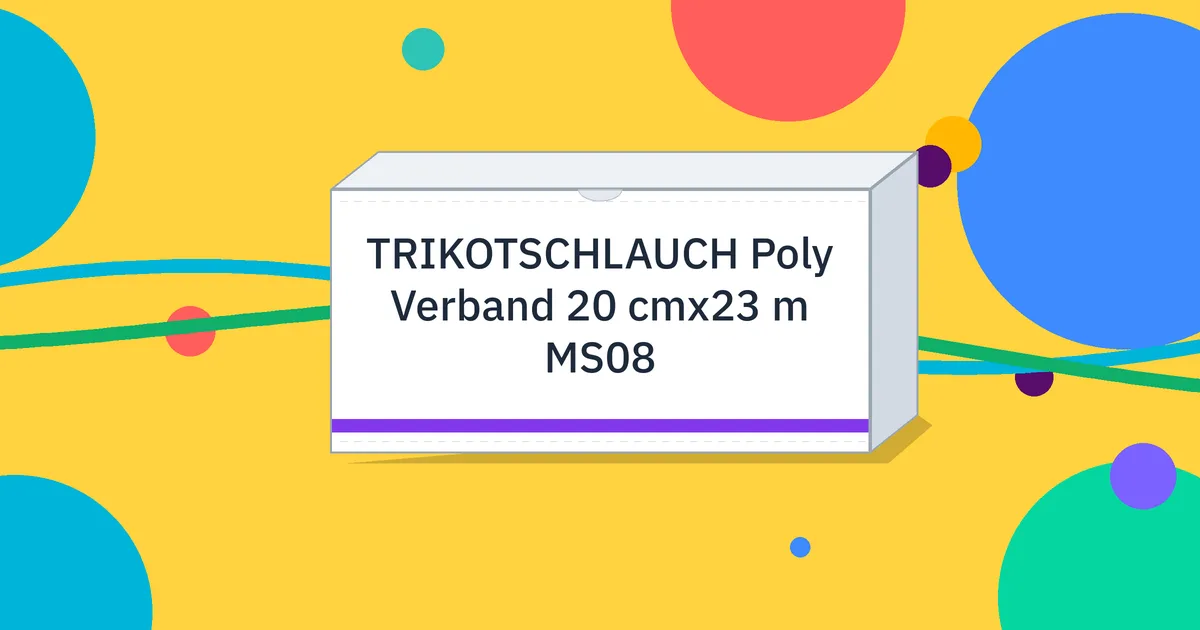 Symbolbild: Packung mit der Aufschrift TRIKOTSCHLAUCH Poly Verband 20 cmx23 m MS08 (PZN 03888463) – Verfügbarkeit und Bezug in Apotheken in Frankfurt am Main