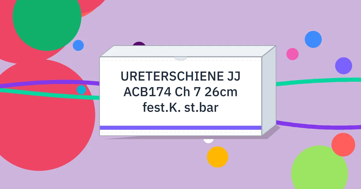 Symbolbild: Packung mit der Aufschrift URETERSCHIENE JJ ACB174 Ch 7 26cm fest.K. st.bar (PZN 00752289) – Verfügbarkeit und Bezug in Apotheken in Frankfurt am Main