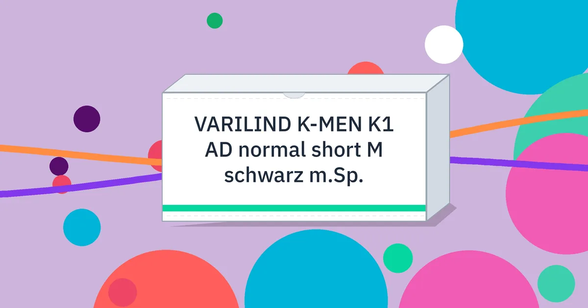 Symbolbild: Packung mit der Aufschrift VARILIND K-MEN K1 AD normal short M schwarz m.Sp. (PZN 20569110) – Verfügbarkeit und Bezug in Apotheken in Frankfurt am Main