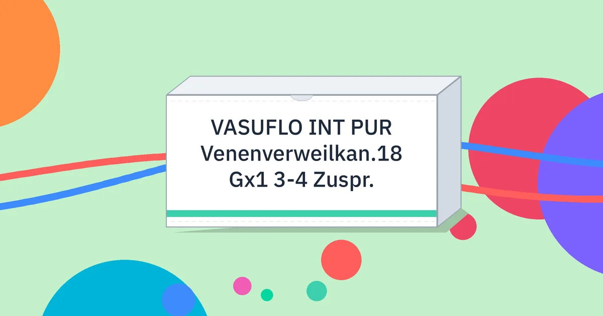 Symbolbild: Packung mit der Aufschrift VASUFLO INT PUR Venenverweilkan.18 Gx1 3-4 Zuspr. (PZN 18387212) – Verfügbarkeit und Bezug in Apotheken in Frankfurt am Main