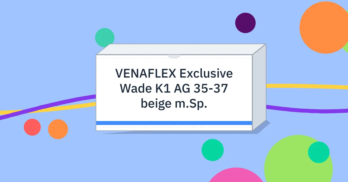 Symbolbild: Packung mit der Aufschrift VENAFLEX Exclusive Wade K1 AG 35-37 beige m.Sp. (PZN 18309169) – Verfügbarkeit und Bezug in Apotheken in Frankfurt am Main