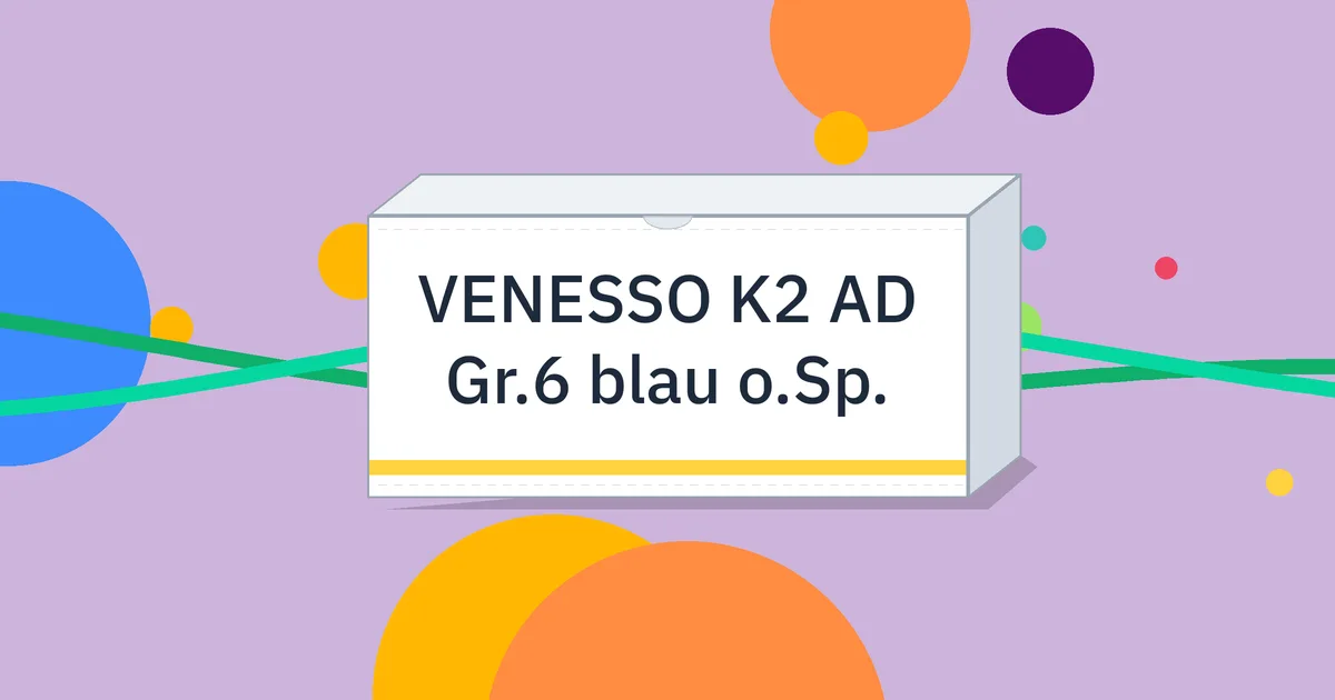 Symbolbild: Packung mit der Aufschrift VENESSO K2 AD Gr.6 blau o.Sp. (PZN 03260351) – Verfügbarkeit und Bezug in Apotheken in Frankfurt am Main