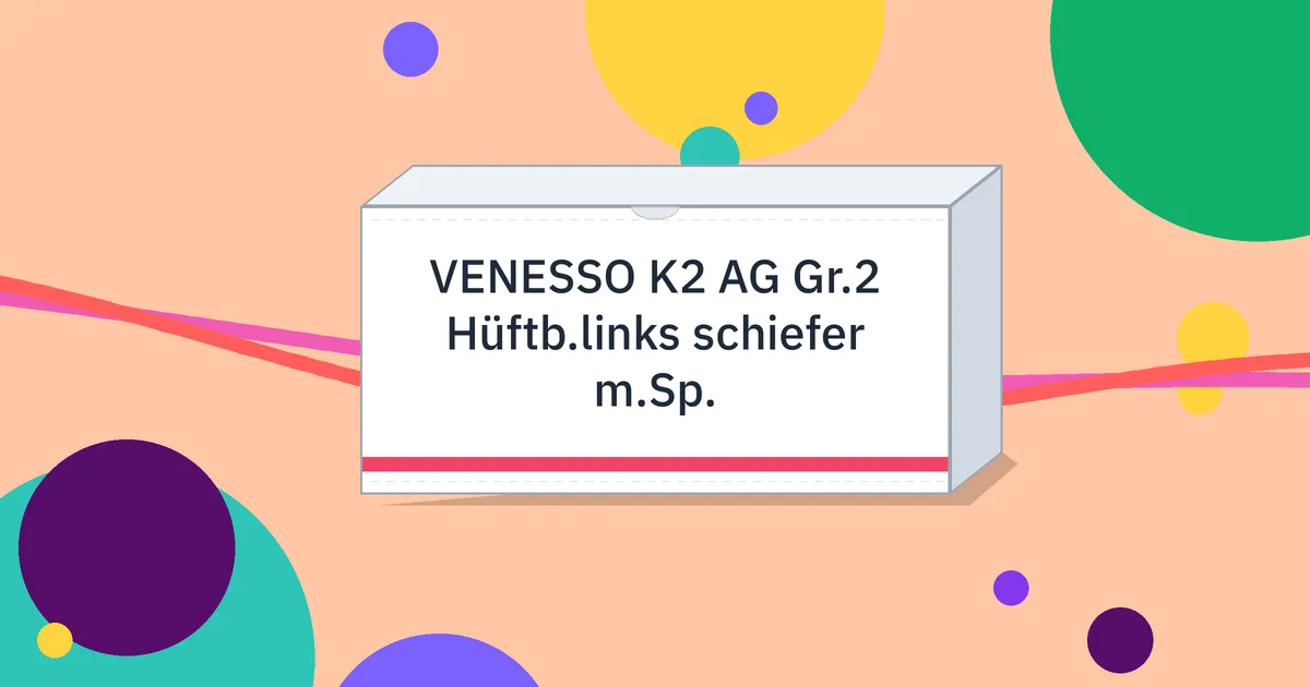 Symbolbild: Packung mit der Aufschrift VENESSO K2 AG Gr.2 Hüftb.links schiefer m.Sp. (PZN 03266661) – Verfügbarkeit und Bezug in Apotheken in Frankfurt am Main
