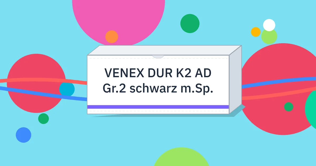 Symbolbild: Packung mit der Aufschrift VENEX DUR K2 AD Gr.2 schwarz m.Sp. (PZN 03210264) – Verfügbarkeit und Bezug in Apotheken in Frankfurt am Main