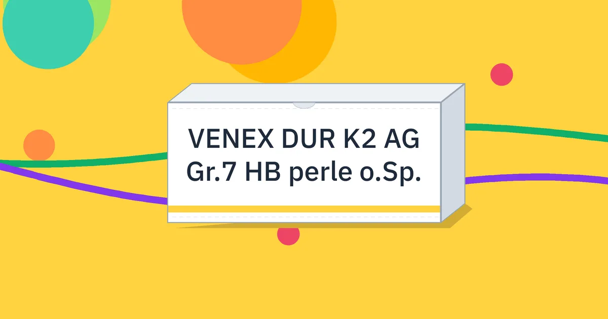 Symbolbild: Packung mit der Aufschrift VENEX DUR K2 AG Gr.7 HB perle o.Sp. (PZN 03220630) – Verfügbarkeit und Bezug in Apotheken in Frankfurt am Main