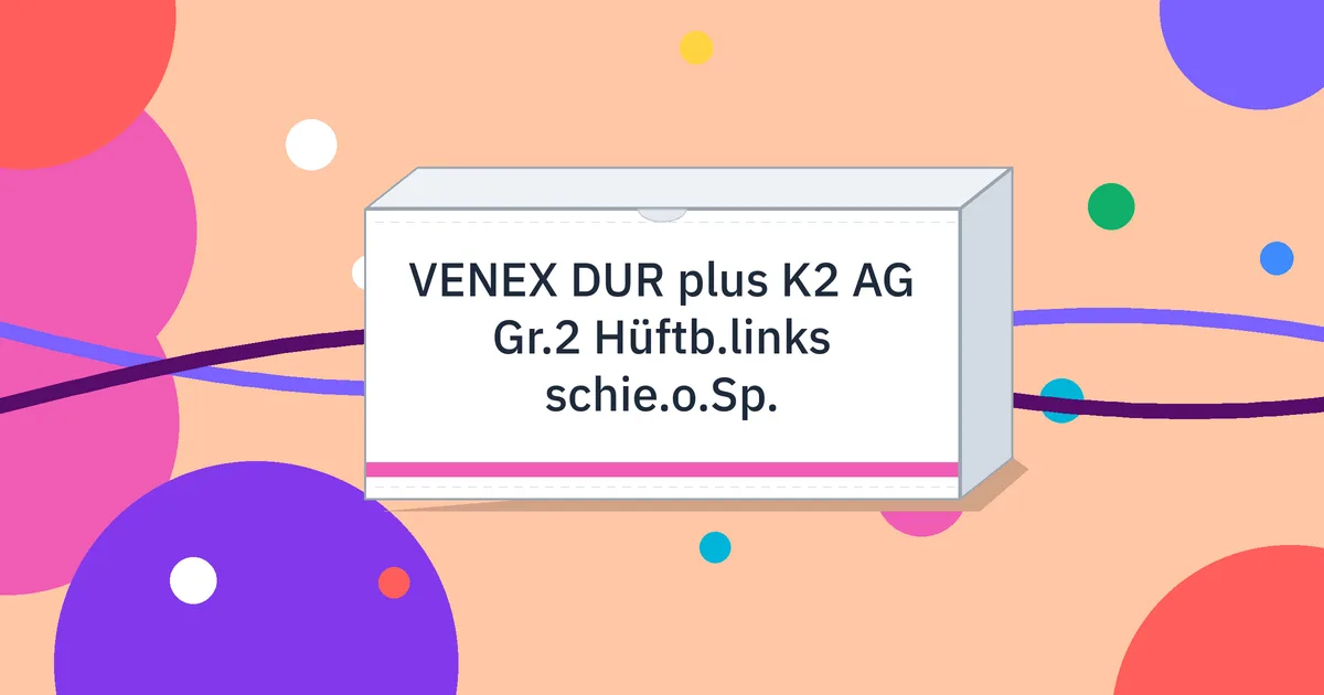 Symbolbild: Packung mit der Aufschrift VENEX DUR plus K2 AG Gr.2 Hüftb.links schie.o.Sp. (PZN 03242488) – Verfügbarkeit und Bezug in Apotheken in Frankfurt am Main