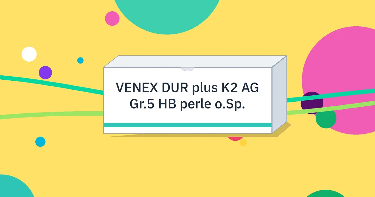 Symbolbild: Packung mit der Aufschrift VENEX DUR plus K2 AG Gr.5 HB perle o.Sp. (PZN 03237429) – Verfügbarkeit und Bezug in Apotheken in Frankfurt am Main