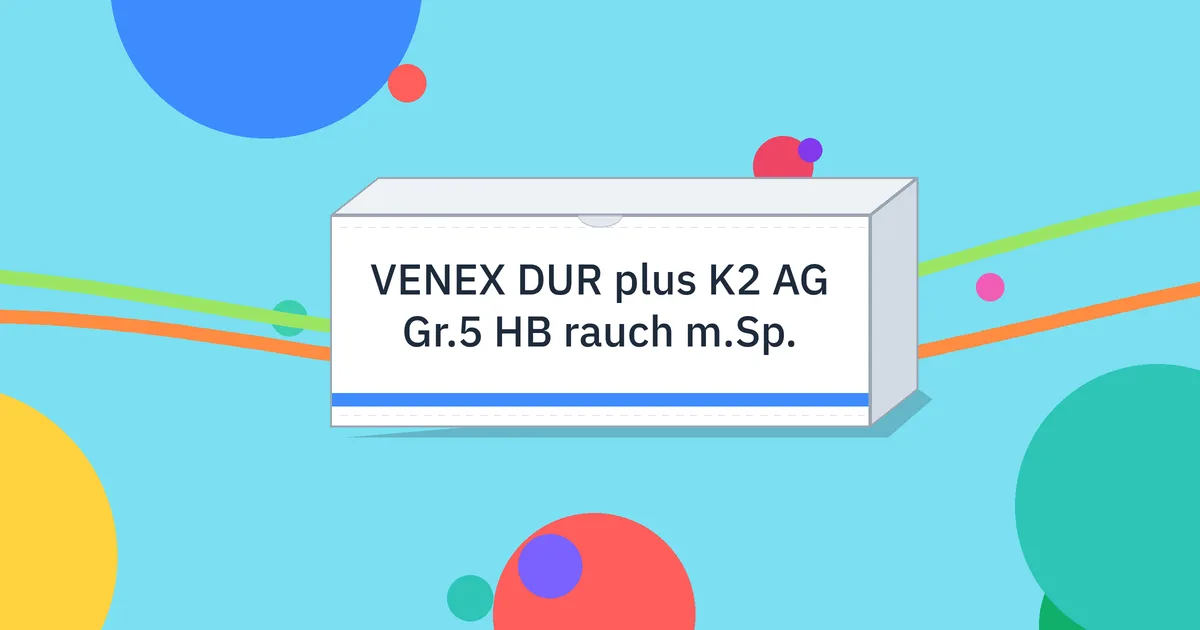Symbolbild: Packung mit der Aufschrift VENEX DUR plus K2 AG Gr.5 HB rauch m.Sp. (PZN 03236163) – Verfügbarkeit und Bezug in Apotheken in Frankfurt am Main