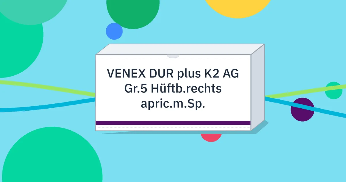 Symbolbild: Packung mit der Aufschrift VENEX DUR plus K2 AG Gr.5 Hüftb.rechts apric.m.Sp. (PZN 03238328) – Verfügbarkeit und Bezug in Apotheken in Frankfurt am Main