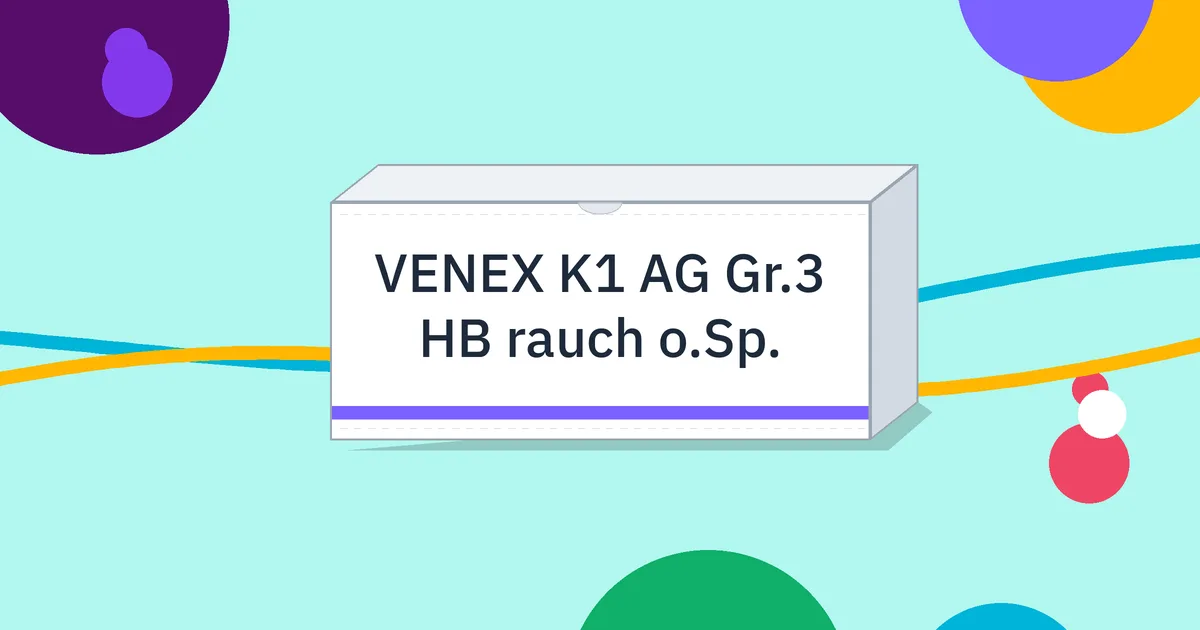 Symbolbild: Packung mit der Aufschrift VENEX K1 AG Gr.3 HB rauch o.Sp. (PZN 03192750) – Verfügbarkeit und Bezug in Apotheken in Frankfurt am Main