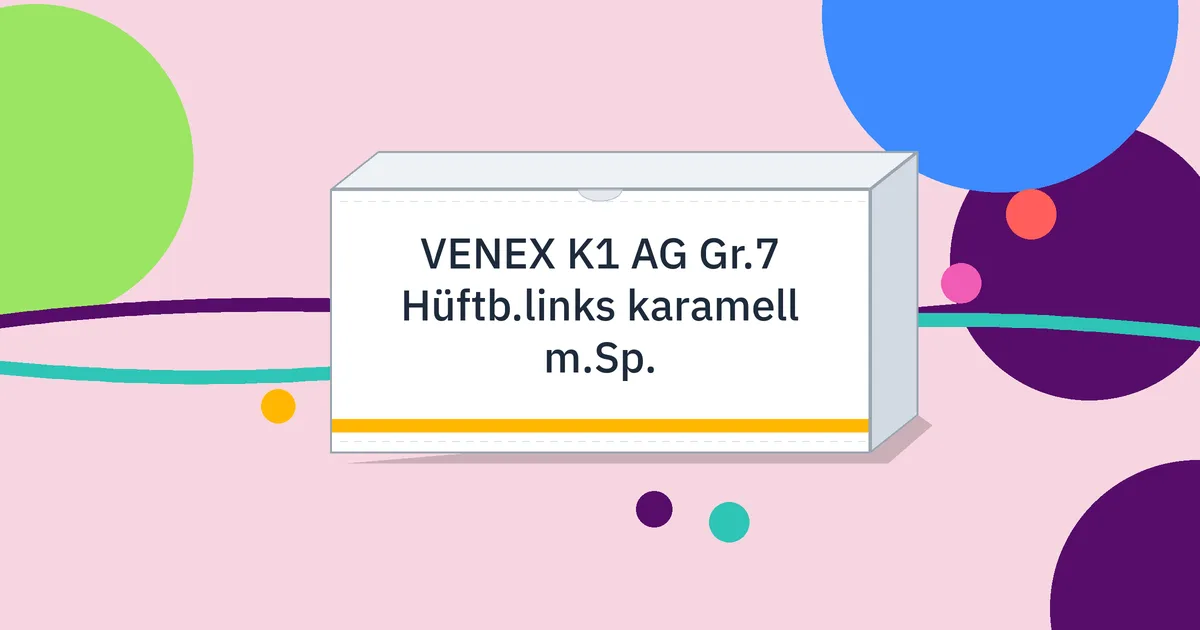 Symbolbild: Packung mit der Aufschrift VENEX K1 AG Gr.7 Hüftb.links karamell m.Sp. (PZN 13760971) – Verfügbarkeit und Bezug in Apotheken in Frankfurt am Main