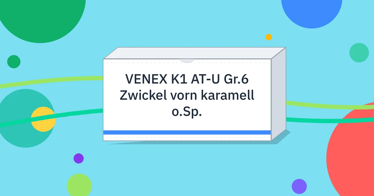 Symbolbild: Packung mit der Aufschrift VENEX K1 AT-U Gr.6 Zwickel vorn karamell o.Sp. (PZN 13759465) – Verfügbarkeit und Bezug in Apotheken in Frankfurt am Main