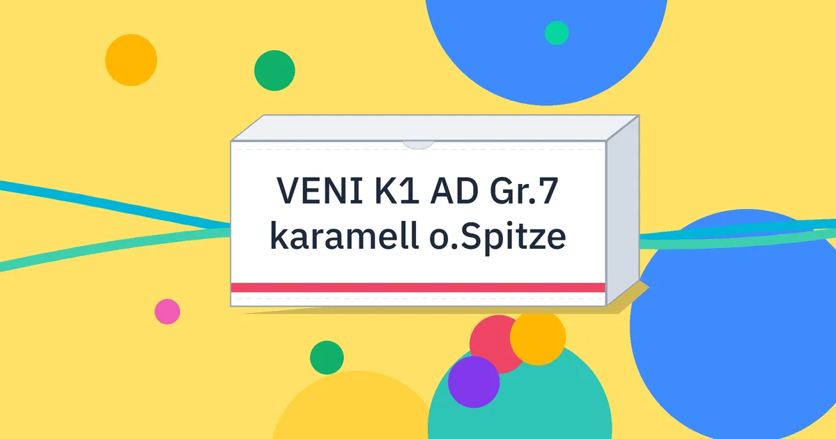 Symbolbild: Packung mit der Aufschrift VENI K1 AD Gr.7 karamell o.Spitze (PZN 13756165) – Verfügbarkeit und Bezug in Apotheken in Frankfurt am Main