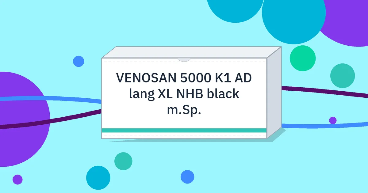 Symbolbild: Packung mit der Aufschrift VENOSAN 5000 K1 AD lang XL NHB black m.Sp. (PZN 14432654) – Verfügbarkeit und Bezug in Apotheken in Frankfurt am Main