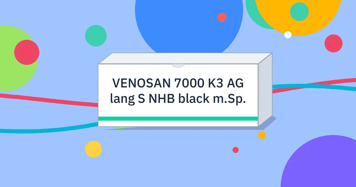 Symbolbild: Packung mit der Aufschrift VENOSAN 7000 K3 AG lang S NHB black m.Sp. (PZN 14436534) – Verfügbarkeit und Bezug in Apotheken in Frankfurt am Main