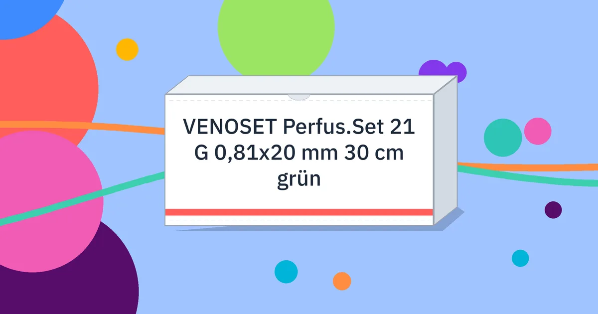 Symbolbild: Packung mit der Aufschrift VENOSET Perfus.Set 21 G 0,81x20 mm 30 cm grün (PZN 13846750) – Verfügbarkeit und Bezug in Apotheken in Frankfurt am Main