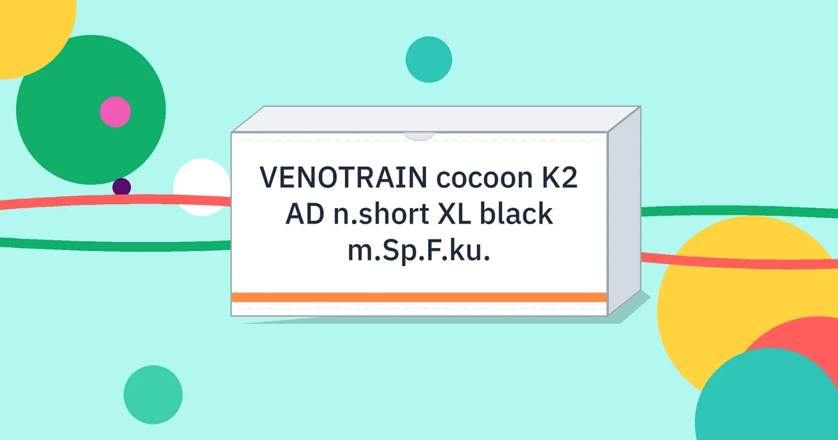 Symbolbild: Packung mit der Aufschrift VENOTRAIN cocoon K2 AD n.short XL black m.Sp.F.ku. (PZN 14401694) – Verfügbarkeit und Bezug in Apotheken in Frankfurt am Main