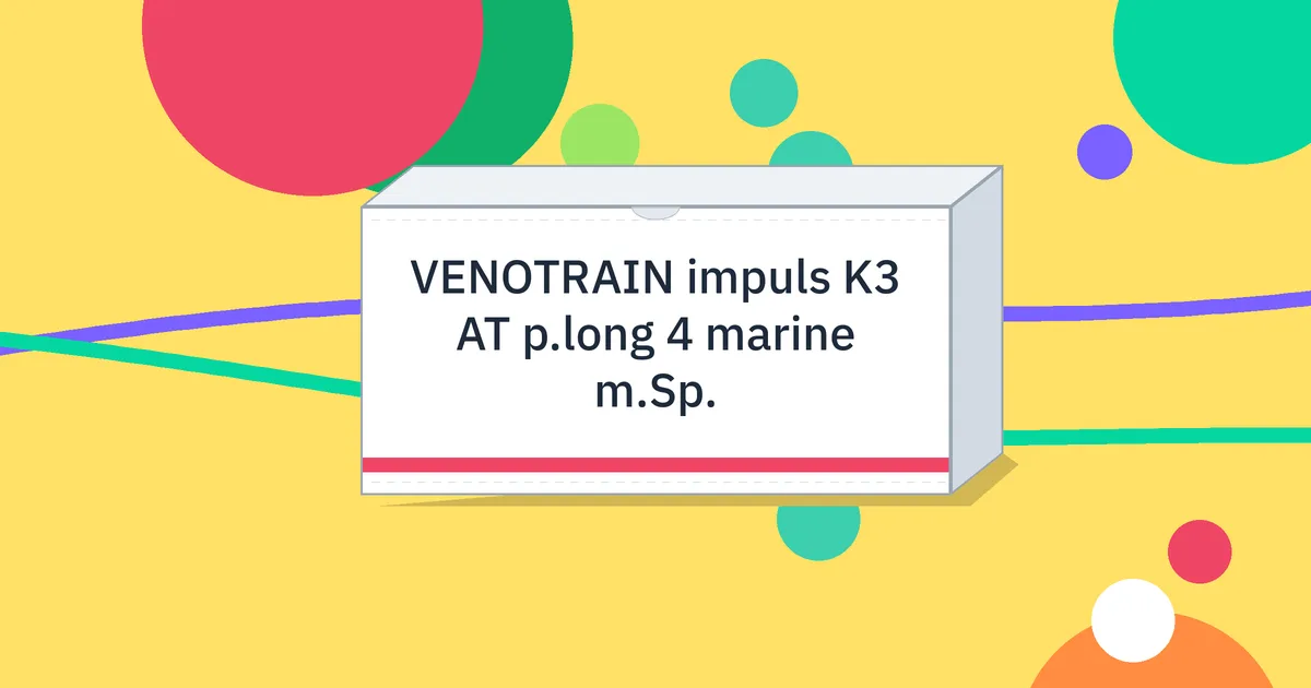 Symbolbild: Packung mit der Aufschrift VENOTRAIN impuls K3 AT p.long 4 marine m.Sp. (PZN 19386628) – Verfügbarkeit und Bezug in Apotheken in Frankfurt am Main