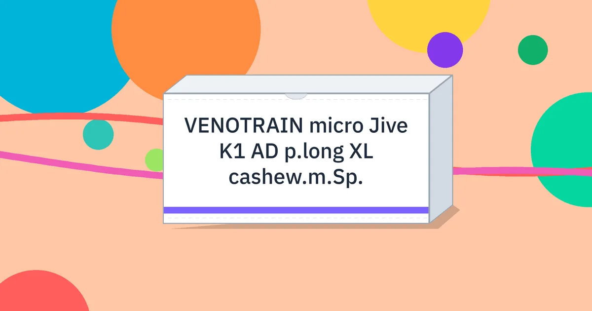 Symbolbild: Packung mit der Aufschrift VENOTRAIN micro Jive K1 AD p.long XL cashew.m.Sp. (PZN 20768341) – Verfügbarkeit und Bezug in Apotheken in Frankfurt am Main