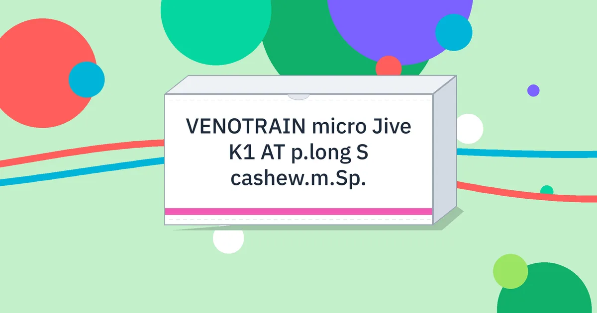 Symbolbild: Packung mit der Aufschrift VENOTRAIN micro Jive K1 AT p.long S cashew.m.Sp. (PZN 20766017) – Verfügbarkeit und Bezug in Apotheken in Frankfurt am Main