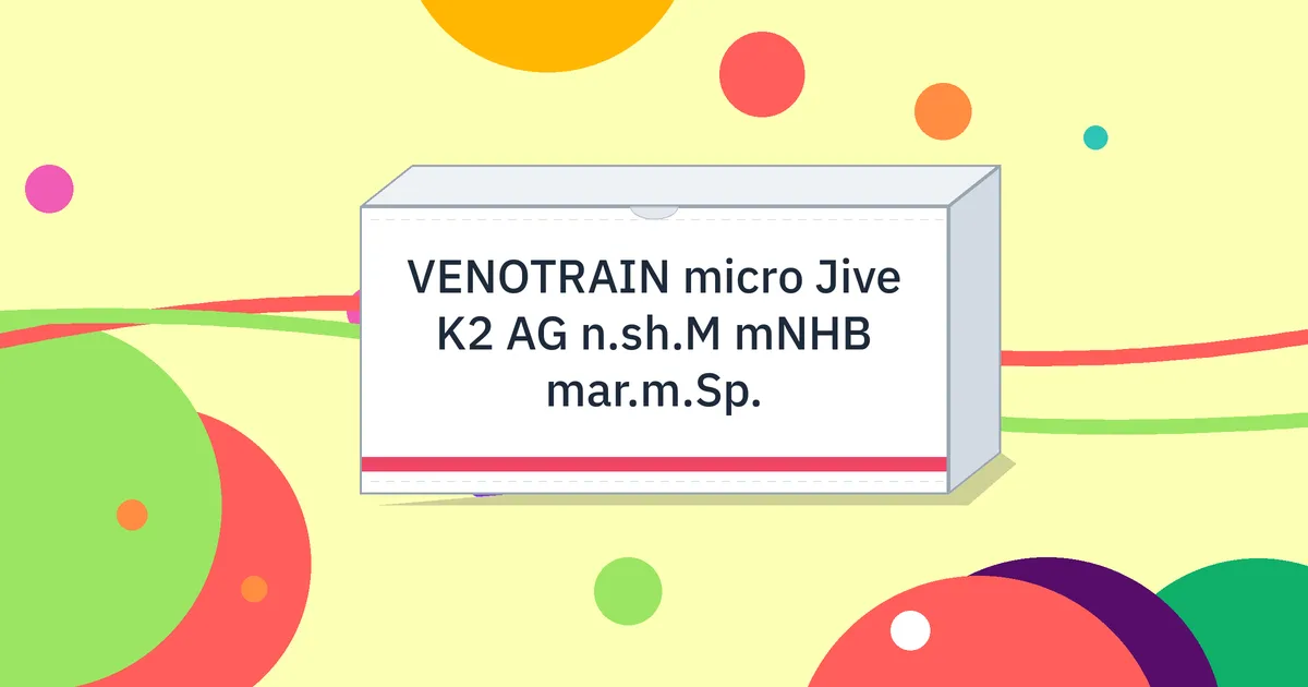 Symbolbild: Packung mit der Aufschrift VENOTRAIN micro Jive K2 AG n.sh.M mNHB mar.m.Sp. (PZN 17761950) – Verfügbarkeit und Bezug in Apotheken in Frankfurt am Main