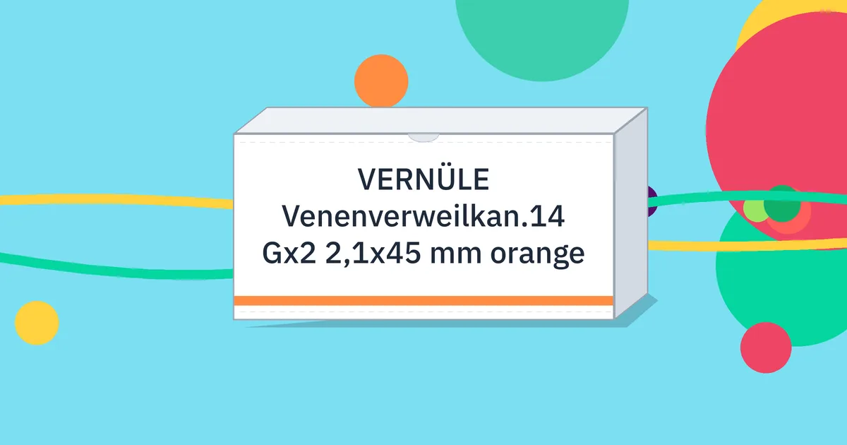 Symbolbild: Packung mit der Aufschrift VERNÜLE Venenverweilkan.14 Gx2 2,1x45 mm orange (PZN 10540364) – Verfügbarkeit und Bezug in Apotheken in Frankfurt am Main