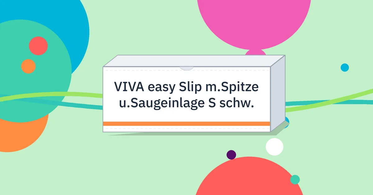 Symbolbild: Packung mit der Aufschrift VIVA easy Slip m.Spitze u.Saugeinlage S schw. (PZN 16576529) – Verfügbarkeit und Bezug in Apotheken in Frankfurt am Main