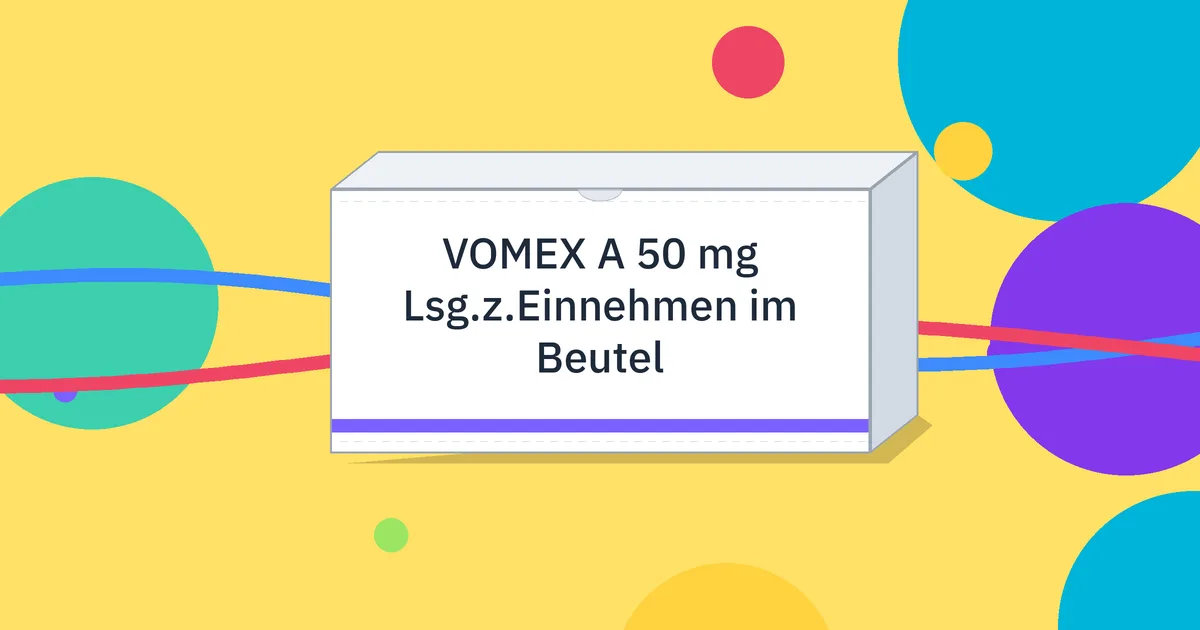 Symbolbild: Packung mit der Aufschrift VOMEX A 50 mg Lsg.z.Einnehmen im Beutel (PZN 16238525) – Verfügbarkeit und Bezug in Apotheken in Frankfurt am Main