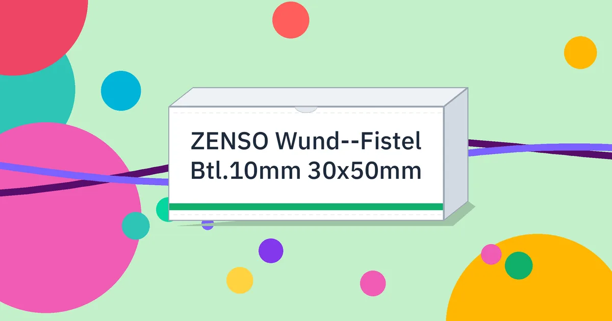 Symbolbild: Packung mit der Aufschrift ZENSO Wund--Fistel Btl.10mm 30x50mm (PZN 20087084) – Verfügbarkeit und Bezug in Apotheken in Frankfurt am Main