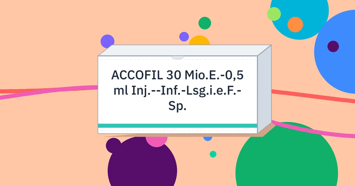 Symbolbild: Packung mit der Aufschrift ACCOFIL 30 Mio.E.-0,5 ml Inj.--Inf.-Lsg.i.e.F.-Sp. (PZN 15203269) – Verfügbarkeit und Bezug in Apotheken in Frankfurt am Main