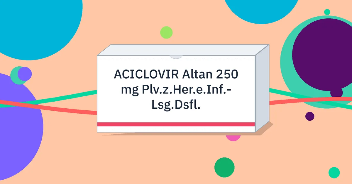 Symbolbild: Packung mit der Aufschrift ACICLOVIR Altan 250 mg Plv.z.Her.e.Inf.-Lsg.Dsfl. (PZN 18337562) – Verfügbarkeit und Bezug in Apotheken in Frankfurt am Main