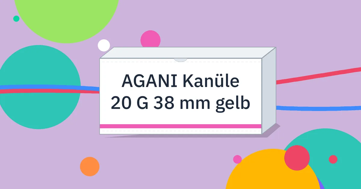 Symbolbild: Packung mit der Aufschrift AGANI Kanüle 20 G 38 mm gelb (PZN 20130437) – Verfügbarkeit und Bezug in Apotheken in Frankfurt am Main