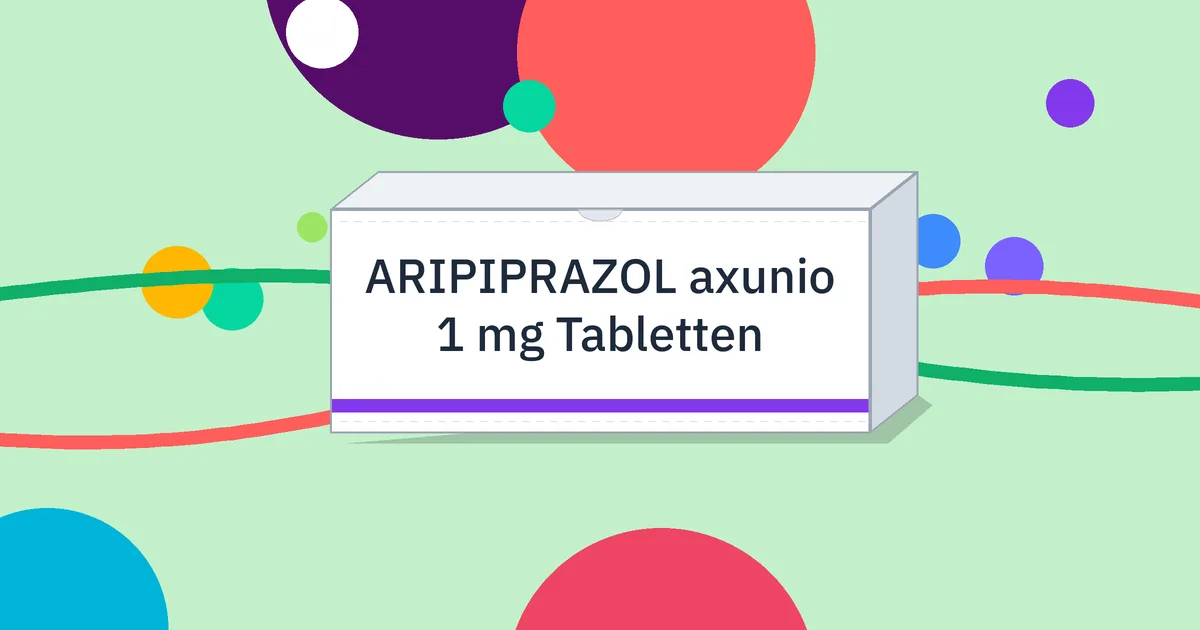 Symbolbild: Packung mit der Aufschrift ARIPIPRAZOL axunio 1 mg Tabletten (PZN 20375653) – Verfügbarkeit und Bezug in Apotheken in Frankfurt am Main