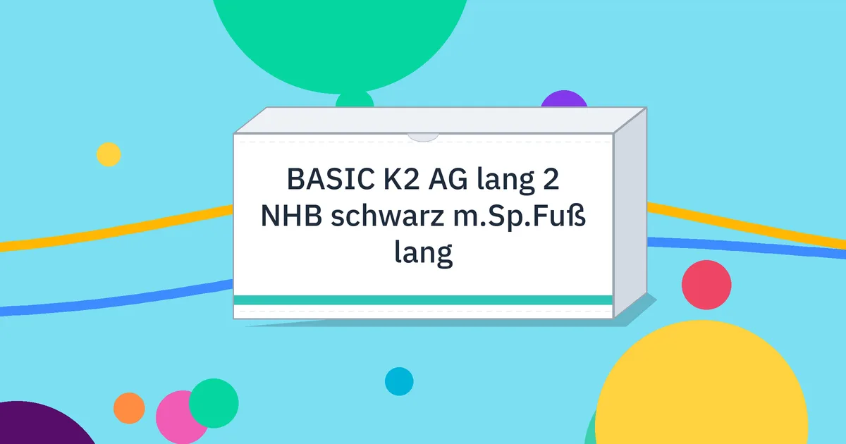 Symbolbild: Packung mit der Aufschrift BASIC K2 AG lang 2 NHB schwarz m.Sp.Fuß lang (PZN 20266496) – Verfügbarkeit und Bezug in Apotheken in Frankfurt am Main