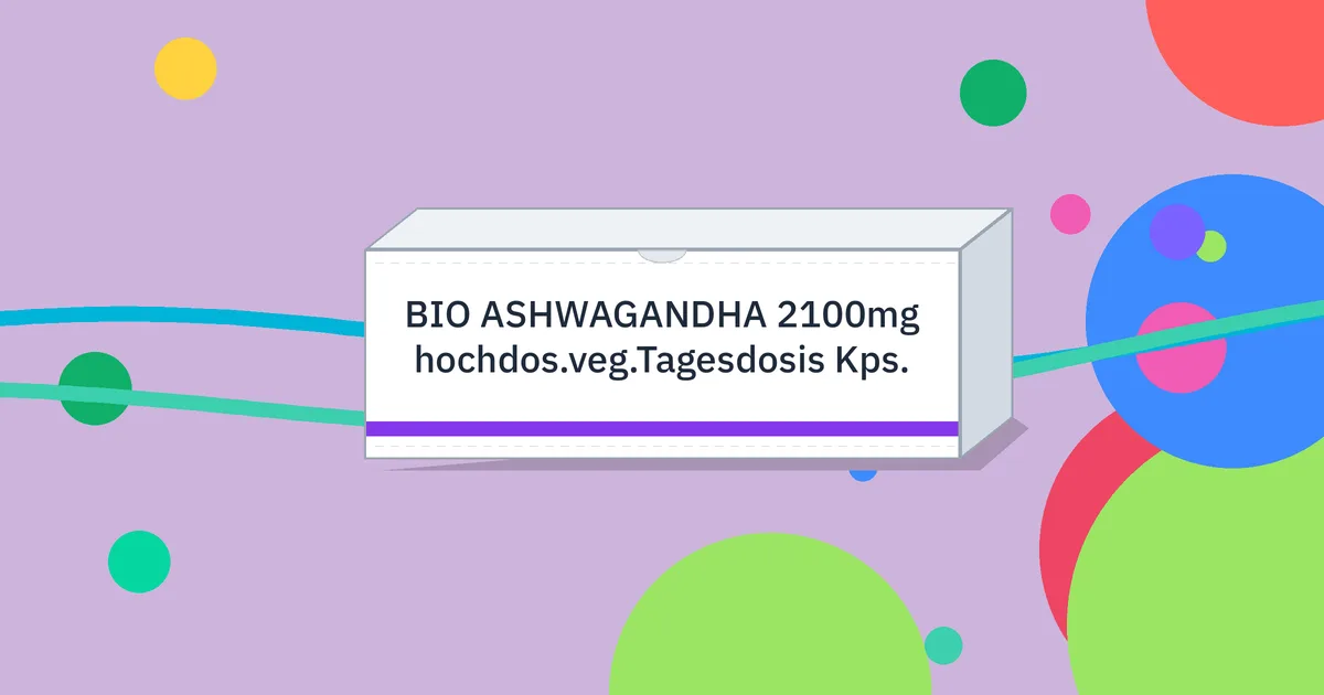 Symbolbild: Packung mit der Aufschrift BIO ASHWAGANDHA 2100mg hochdos.veg.Tagesdosis Kps. (PZN 18331826) – Verfügbarkeit und Bezug in Apotheken in Frankfurt am Main