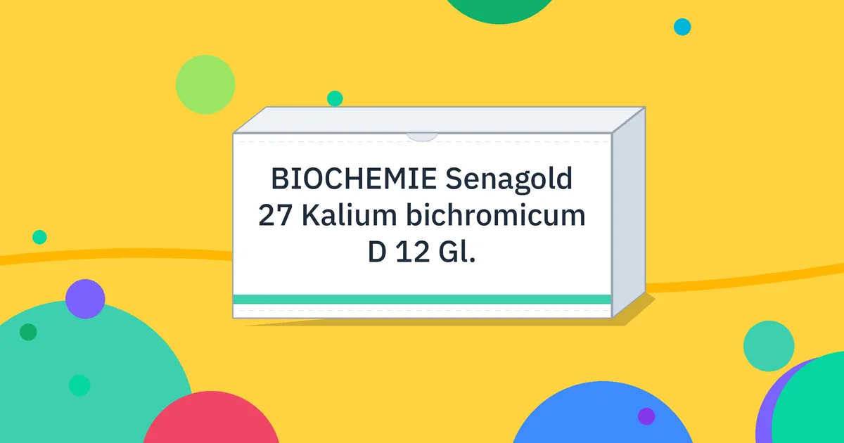 Symbolbild: Packung mit der Aufschrift BIOCHEMIE Senagold 27 Kalium bichromicum D 12 Gl. (PZN 09214843) – Verfügbarkeit und Bezug in Apotheken in Frankfurt am Main