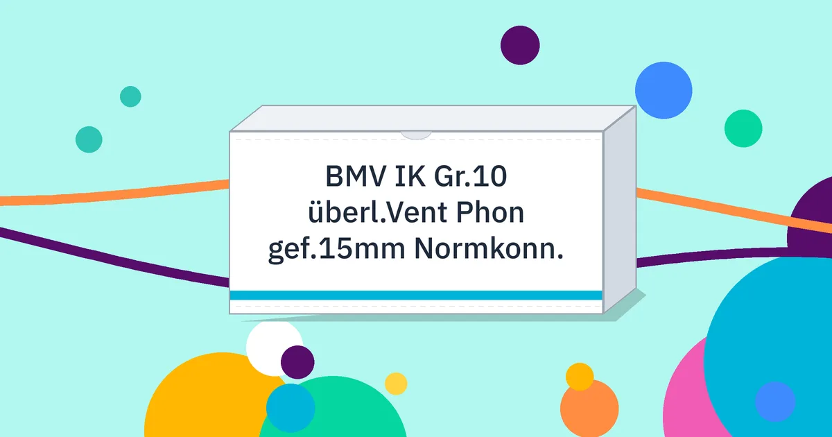 Symbolbild: Packung mit der Aufschrift BMV IK Gr.10 überl.Vent Phon gef.15mm Normkonn. (PZN 18382077) – Verfügbarkeit und Bezug in Apotheken in Frankfurt am Main