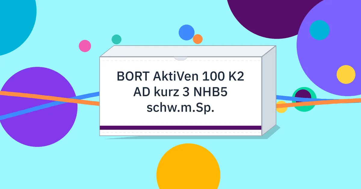 Symbolbild: Packung mit der Aufschrift BORT AktiVen 100 K2 AD kurz 3 NHB5 schw.m.Sp. (PZN 17497128) – Verfügbarkeit und Bezug in Apotheken in Frankfurt am Main